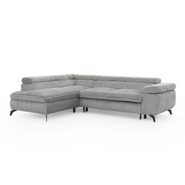 ECKSOFA mit Schlaffunktion und Bettkasten Bonnie aus Hellgrau Cord-Stoff mit verstellbaren Kopfst&uuml;tzen und Armlehne - Ottomane links