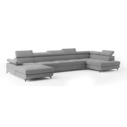 WOHNLANDSCHAFT MONTIVA Grau Velours-Stoff mit Schlaffunktion