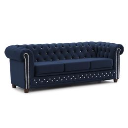 CHESTERFIELD-SOFA 3-Sitzer mit Schlaffunktion Cleo Blink Marineblau Samt mit Kristallsteppung und braunen Massivholzf&uuml;&szlig;en