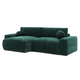 ECKSOFA Puffy mit Schlaffunktion und Bettkasten - besonders weich und puffig aus Gr&uuml;n Stoff mit Chenillestruktur - Ottomane links