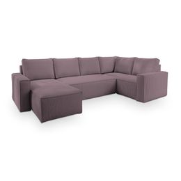 WOHNLANDSCHAFT NORENA R-S Lila Kordstoff mit Schlaffunktion