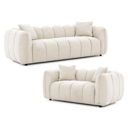 SITZGARNITUR 3+2 Nubira in tief gesteppter Bubble-Optik aus weichem Hellbeige Strukturstoff im modernen Design