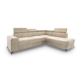 ECKSOFA ALVORO R-S Creme Velours-Stoff mit Schlaffunktion