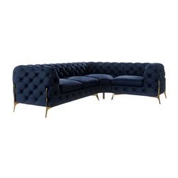 ECKSOFA Chesterfield Lexi Marineblau Samt, Ottomane rechts