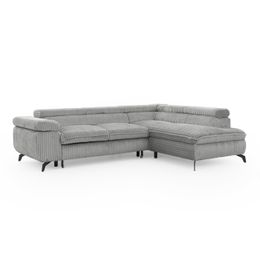ECKSOFA mit Schlaffunktion und Bettkasten Bonnie aus Hellgrau Cord-Stoff mit verstellbaren Kopfst&uuml;tzen und Armlehne - Ottomane rechts