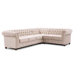 ECKSOFA mit Schlaffunktion Chesterfield Cleo Blink Beige Samt mit Kristallsteppung und braunen Massivholzf&uuml;&szlig;en - Ottomane Rechts