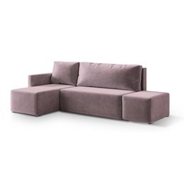 ECKSOFA VELOTTI L-S Rosa Pl&uuml;sch-Stoff mit Schlaffunktion