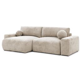 ECKSOFA Puffy mit Schlaffunktion und Bettkasten - besonders weich und puffig aus Dunkelbeige Chenille-Stoff - Ottomane links