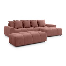 ECKSOFA inkl. Hocker Bubble mit Schlaffunktion und losen R&uuml;ckenkissen, Sitzfl&auml;che Bubble-Optik aus weichem Terrakotta Strukturstoff - Ottomane Rechts