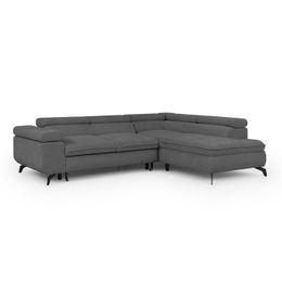 ECKSOFA mit Schlaffunktion und Bettkasten Bonnie aus Grau Chenille-Stoff mit verstellbaren Kopfst&uuml;tzen und Armlehne - Ottomane rechts