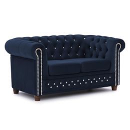 CHESTERFIELD-SOFA 2-sitzer Cleo Blink Marineblau Samt mit Kristallsteppung und braunen Massivholzf&uuml;&szlig;en