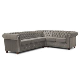 ECKSOFA Chesterfield Cleo Blink Grau Samt mit Kristallsteppung und braunen Massivholzf&uuml;&szlig;en - Ottomane Rechts