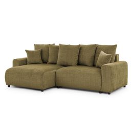 ECKSOFA Calma mit Schlaffunktion und Bettkasten im Bumpy-Design aus weichem Gr&uuml;n Chenille-Stoff - Ottomane links