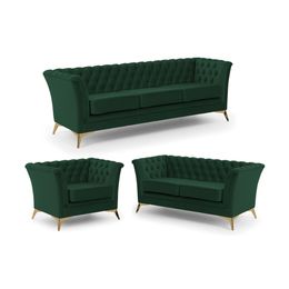 SITZGARNITUR 3+2+1 Chesterfield Whitby Flaschengr&uuml;n Samt mit goldenen F&uuml;&szlig;en