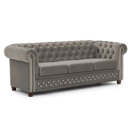 CHESTERFIELD-SOFA 3-sitzer Cleo Blink Grau Samt mit Kristallsteppung und braunen Massivholzf&uuml;&szlig;en