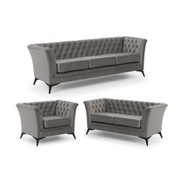 SITZGARNITUR 3+2+1 Chesterfield Whitby Grau Samt mit schwarzen F&uuml;&szlig;en