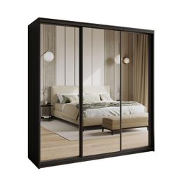 SCHWEBET&Uuml;RENSCHRANK RIEN 180/205/60 cm 3-t&uuml;rig mit Spiegel und Schubladen Schwarz