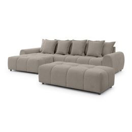 ECKSOFA inkl. Hocker Bubble mit Schlaffunktion und losen R&uuml;ckenkissen, Sitzfl&auml;che in Bubble-Optik aus weichem Taupe Strukturstoff - Ottomane Links