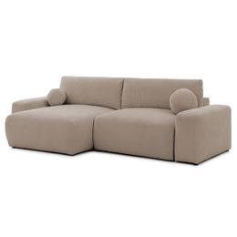 ECKSOFA Puffy mit Schlaffunktion und Bettkasten - besonders weich und puffig aus Greige Webstoff - Ottomane links