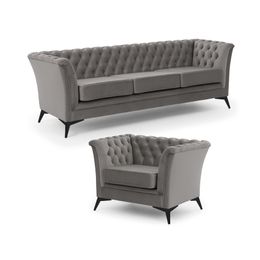 SITZGARNITUR 3+1 Chesterfield Whitby Grau Samt mit schwarzen F&uuml;&szlig;en