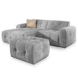 ECKSOFA inkl. Hocker Kozy im Bumpy-Design mit Schlaffunktion und fester R&uuml;ckenlehne aus weichem Hellgrau Chenille-Stoff - Ottomane links