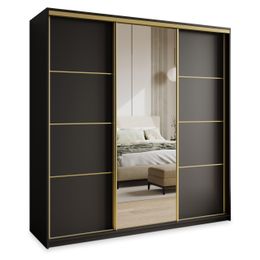 SCHWEBET&Uuml;RENSCHRANK VARO 180/205/60 cm 3-t&uuml;rig mit Spiegel und Schubladen Schwarz