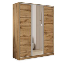 SCHWEBET&Uuml;RENSCHRANK TARI 150/205/58 cm 3-t&uuml;rig mit Spiegel und Schubladen Eiche Wotan
