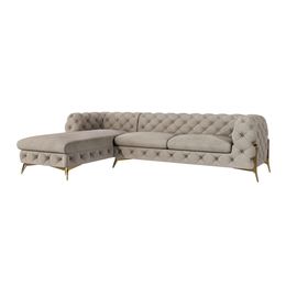 ECKSOFA Chesterfield Lexi Dunkle Creme Samt, Ottomane links
