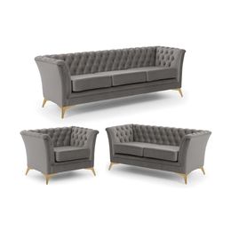 SITZGARNITUR 3+2+1 Chesterfield Whitby Grau Samt mit goldenen F&uuml;&szlig;en