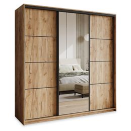 SCHWEBET&Uuml;RENSCHRANK VARO 180/205/60 cm 3-t&uuml;rig mit Spiegel und Schubladen Craft Eiche Gold