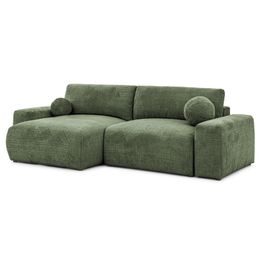 ECKSOFA Puffy mit Schlaffunktion und Bettkasten - besonders weich und puffig aus Gr&uuml;n Chenille-Stoff - Ottomane links