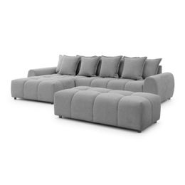 ECKSOFA inkl. Hocker Bubble mit Schlaffunktion und losen R&uuml;ckenkissen, Sitzfl&auml;che in Bubble-Optik aus weichem Grau Strukturstoff - Ottomane Links