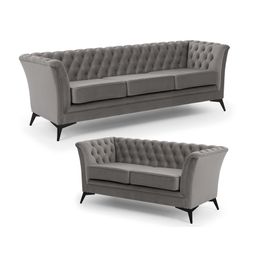 SITZGARNITUR 3+2 Chesterfield Whitby Grau Samt mit schwarzen F&uuml;&szlig;en