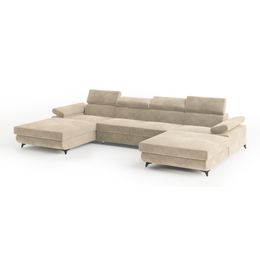 WOHNLANDSCHAFT DETTI Creme Velours-Stoff mit Schlaffunktion