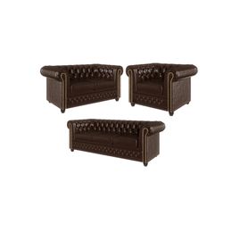 SITZGARNITUR 3+2+1 mit Schlaffunktion Chesterfield Morin Braun Vegan Leder