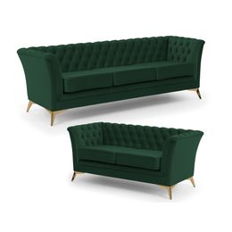 SITZGARNITUR 3+2 Chesterfield Whitby Flasche Gr&uuml;n Samt mit goldenen F&uuml;&szlig;en