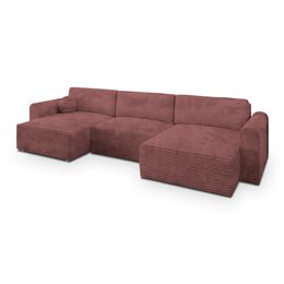 WOHNLANDSCHAFT FENTO Rosa Kordstoff mit Schlaffunktion