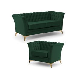 SITZGARNITUR 2+1 Chesterfield Whitby Flaschengr&uuml;n Samt mit goldenen F&uuml;&szlig;en