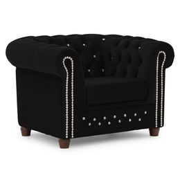 CHESTERFIELD-SESSEL Cleo Blink Schwarz Samt mit Kristallsteppung und braunen Massivholzf&uuml;&szlig;en