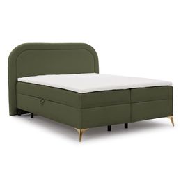 BOXBETT Sonna 200/200 cm Gr&uuml;n Boucl&eacute;-Stoff mit abgerundetem Kopfteil und mit goldenen Metallf&uuml;&szlig;en