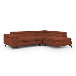 ECKSOFA mit Schlaffunktion und Bettkasten Bonnie aus Terrakotta Chenille-Stoff mit verstellbaren Kopfst&uuml;tzen und Armlehne - Ottomane rechts