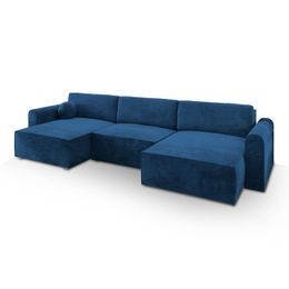 WOHNLANDSCHAFT FENTO M Blau Velours-Stoff mit Schlaffunktion