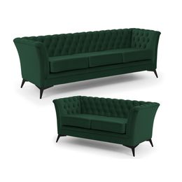 SITZGARNITUR 3+2 Chesterfield Whitby Flasche Gr&uuml;n Samt mit schwarzen F&uuml;&szlig;en