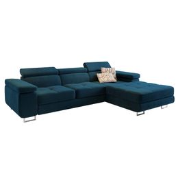 ECKSOFA ELMA R-S Blau Velours-Stoff mit Schlaffunktion