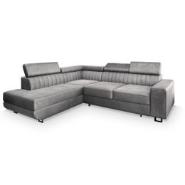 ECKSOFA NOLA L-S Hellgrau Velours-Stoff mit Schlaffunktion