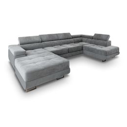 WOHNLANDSCHAFT CASONE R-S Hellgrau Velours-Stoff mit Schlaffunktion