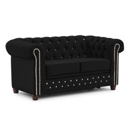 CHESTERFIELD-SOFA 2-Sitzer mit Schlaffunktion Cleo Blink Schwarz Samt mit Kristallsteppung und braunen Massivholzf&uuml;&szlig;en