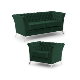 SITZGARNITUR 2+1 Chesterfield Whitby Flaschengr&uuml;n Samt mit silbernen F&uuml;&szlig;en