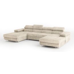 WOHNLANDSCHAFT LYKKE Creme Velours-Stoff mit Schlaffunktion
