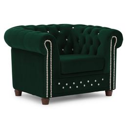 CHESTERFIELD-SESSEL Cleo Blink Flasche Gr&uuml;n Samt mit Kristallsteppung und braunen Massivholzf&uuml;&szlig;en